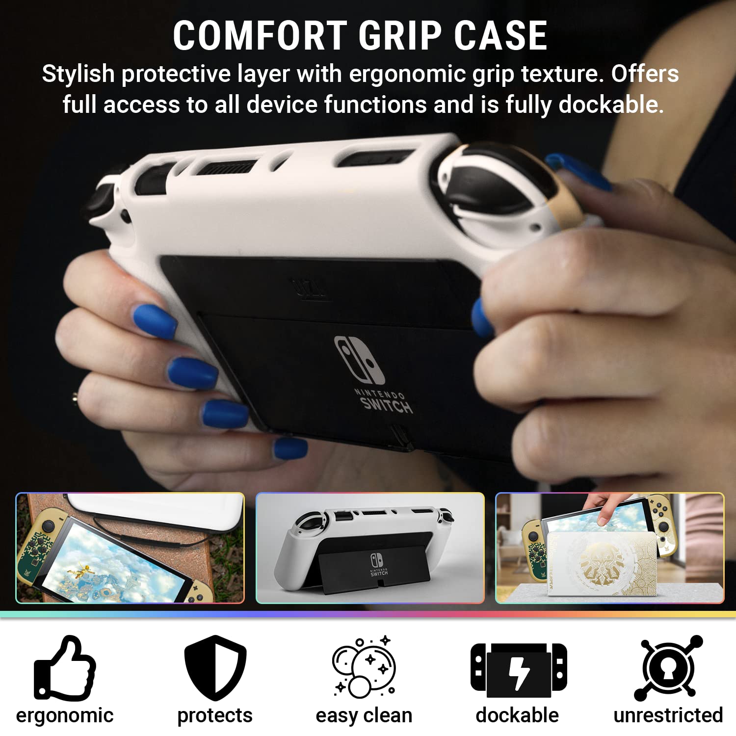 Orzly Accessory Bundle kit for Nintendo Switch Oled Accessories Essentials Pack Case and Screen Protector Comfort Grip Cover Headphones charger cable Games holder and more - Gift boxed OLED Edition