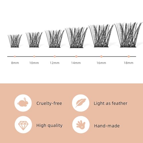 Lash Clusters DIY Eyelash Extensions 72 Pcs D Curl 16mm Cluster Eyelash Extensions Thin Stem Cluster Lashes Individual Lashes Cluster Lashes Wisps Reusable for Self-application (H-02 D Curl 16mm)
