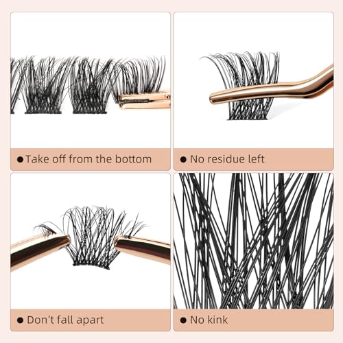 Lash Clusters DIY Eyelash Extensions 72 Pcs D Curl 16mm Cluster Eyelash Extensions Thin Stem Cluster Lashes Individual Lashes Cluster Lashes Wisps Reusable for Self-application (H-02 D Curl 16mm)