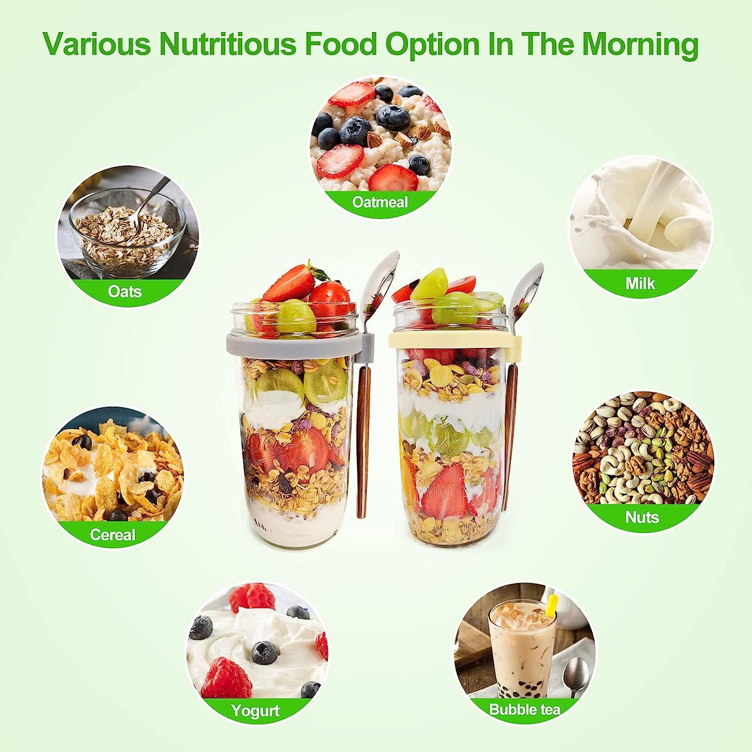 YehTrum Overnight Oats Containers with Lids and Spoon, 4 Packs 22 oz Glass Mason Jars for Overnight Oats, Large Capacity Oatmeal Container Mason Overnight Oats Jars for Milk, Cereal, Fruit