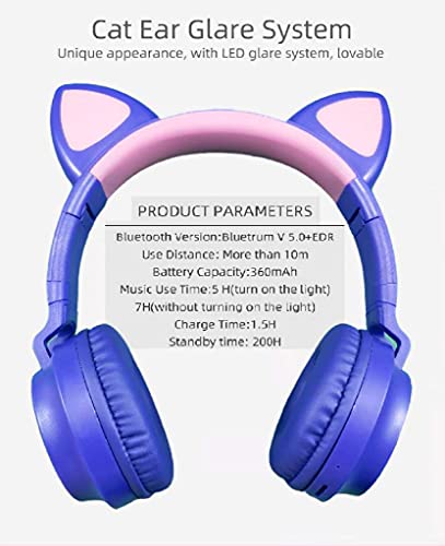 Asmi Bluetooth Headphones, Wireless Cat Ear Headphones LED Light Up Wireless Headphones Over Ear, Foldable & Lightweight Stereo Wireless Headset for Travel Work TV PC Cellphone (Purple)