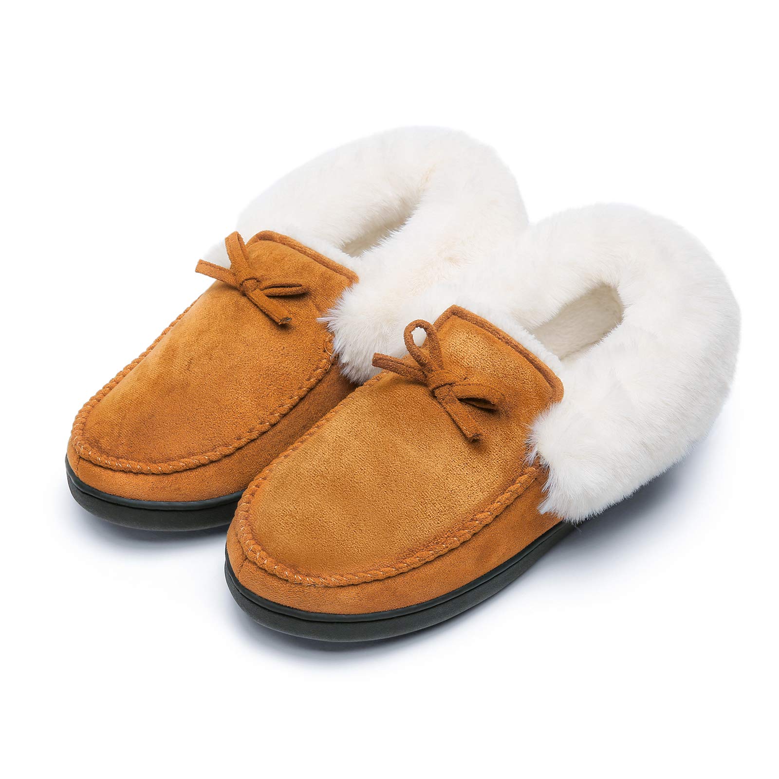 Mishansha Womens House Shoes Memory Foam Suede Moccasin Slippers Winter Warm Fleece Lined Home Shoes with Anti-Skid Rubber Sole Brown 9 Women/7 Men