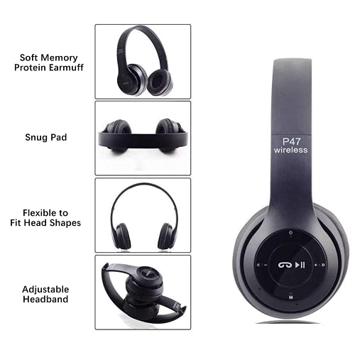 Gaea P47 Wireless Headphones Rechargeable Bluetooth 5.0 Over Ear Headphones Foldable Headset with Built-in Mic Lightweight Headset with Wired Mode for Kids Adults Black