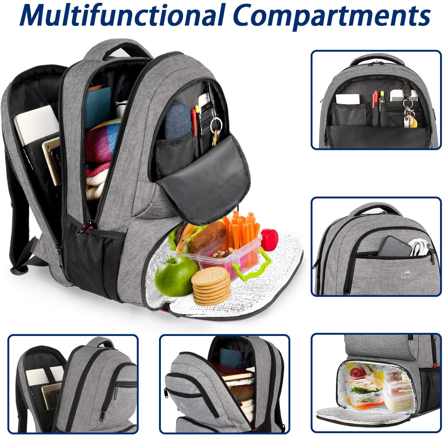 MATEIN Lunch Backpack, 17 inch Insulated Cooler Backpack with USB Charging Port for Women Men, Water Resistant College Lunch Box Backpack with Laptop Compartment for Work Picnic Travel Beach, Gifts