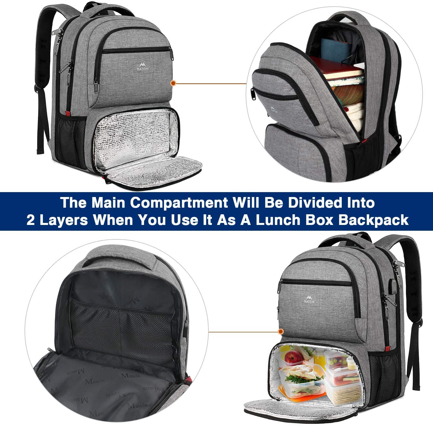 MATEIN Lunch Backpack, 17 inch Insulated Cooler Backpack with USB Charging Port for Women Men, Water Resistant College Lunch Box Backpack with Laptop Compartment for Work Picnic Travel Beach, Gifts