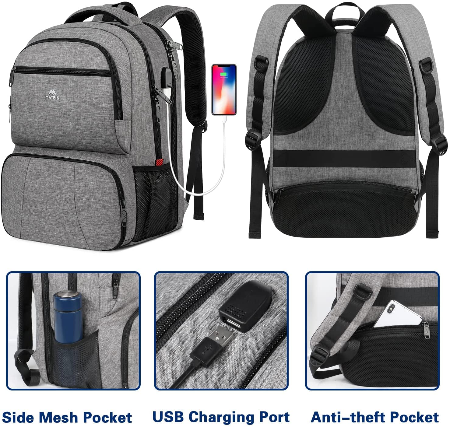 MATEIN Lunch Backpack, 17 inch Insulated Cooler Backpack with USB Charging Port for Women Men, Water Resistant College Lunch Box Backpack with Laptop Compartment for Work Picnic Travel Beach, Gifts