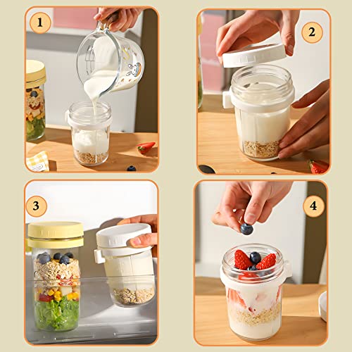 Overnight Oats Containers with Lids and Spoon 16 oz [4 Pack] Large Airtight Overnight Oats Jars Oatmeal Container with Measurement Marks, Glass Mason Jars for Yogurt, Chia Seed Pudding, Cereal, Milk,