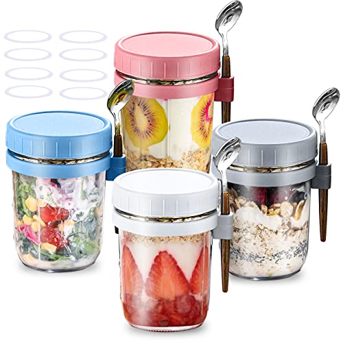 Overnight Oats Containers with Lids and Spoon 16 oz [4 Pack] Large Airtight Overnight Oats Jars Oatmeal Container with Measurement Marks, Glass Mason Jars for Yogurt, Chia Seed Pudding, Cereal, Milk,
