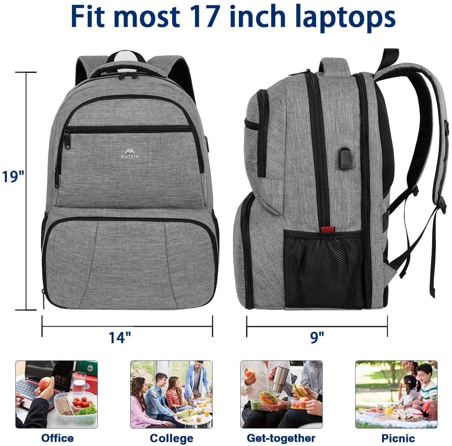 MATEIN Lunch Backpack, 17 inch Insulated Cooler Backpack with USB Charging Port for Women Men, Water Resistant College Lunch Box Backpack with Laptop Compartment for Work Picnic Travel Beach, Gifts