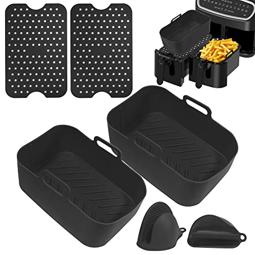 6 Packs Silicone Air Fryer Liner, Air Fryer Silicone Pot Rectangular for Ninja Foodi Dual DZ201 8QT, Replacement Baking Tray for Ninja/Instant Vortex Dual Zone Air Fryer AF300UK, AF400UK (Black)