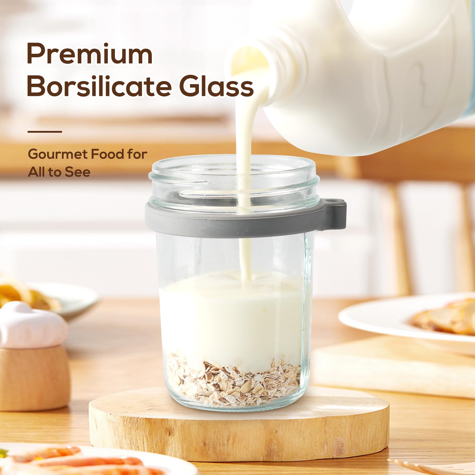 Overnight Oats Jars,Mason Jars for Overnight Oats with Lid and Spoon,10 Oz Glass Meal Prep Containers with Measurement Marks,Perfect Size for Overnight Oats,Salad Yogurt,Cereal,Fruit (4 PACK A)