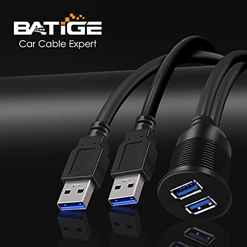 BATIGE 2 Pack Dual USB 3.0 Car Mount Flush Cable USB3.0 Male to Female Car Mount Extension Cable Waterproof for Car Truck Boat Motorcycle Dashboard Panel 3ft