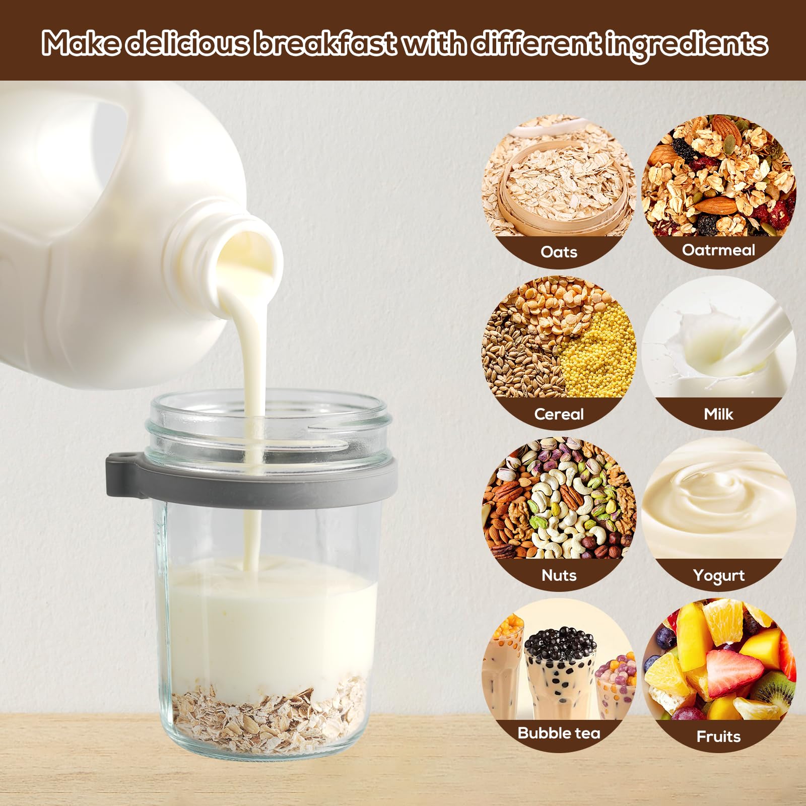 Overnight Oats Jars,Mason Jars for Overnight Oats with Lid and Spoon,10 Oz Glass Meal Prep Containers with Measurement Marks,Perfect Size for Overnight Oats,Salad Yogurt,Cereal,Fruit (4 PACK A)