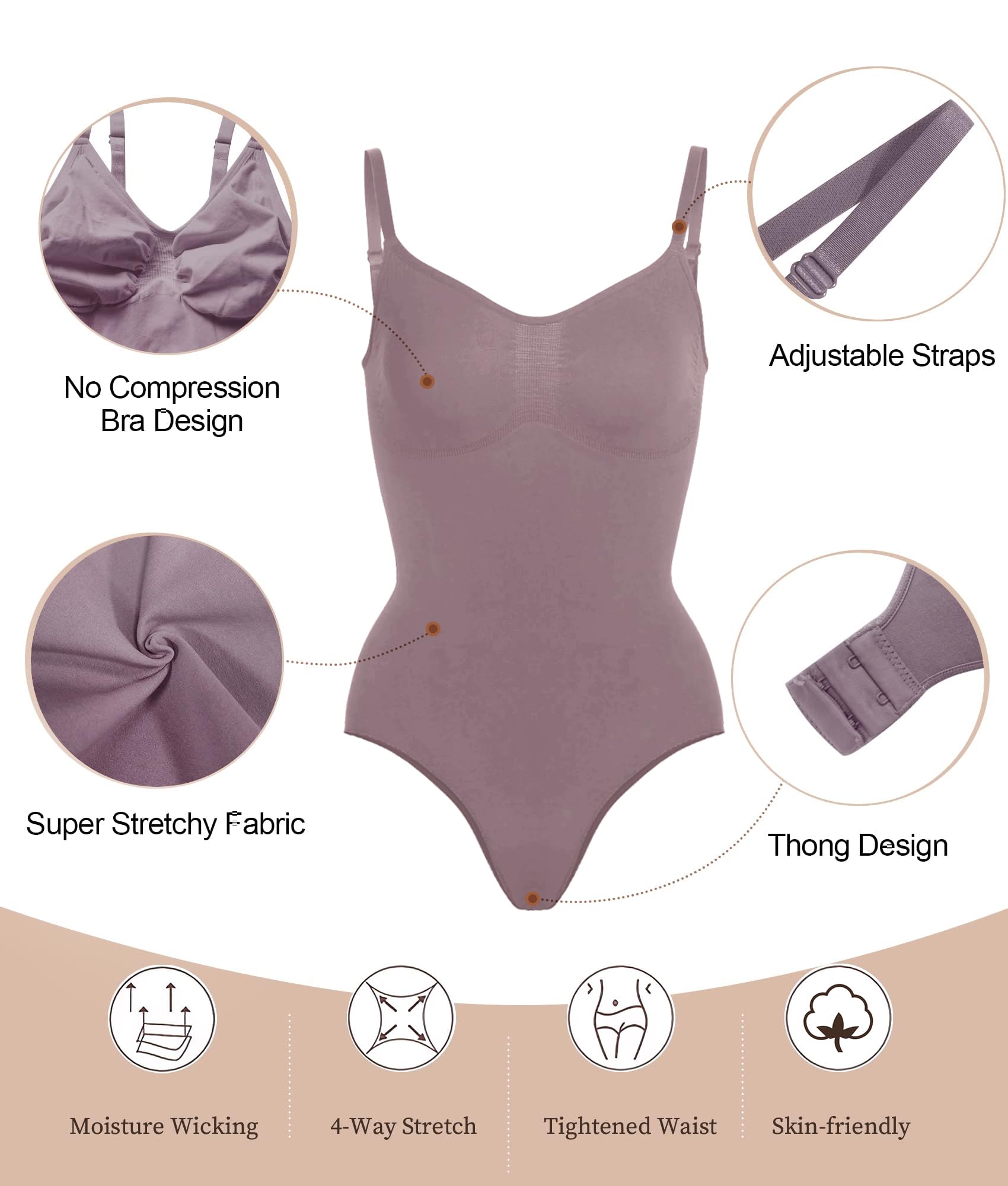 SHAPERX Women's Shapewear Bodysuit Tummy Control Body Shaper Seamless Sculpting Snatched Waist Body Suit,SZ5215-Umber-L/XL
