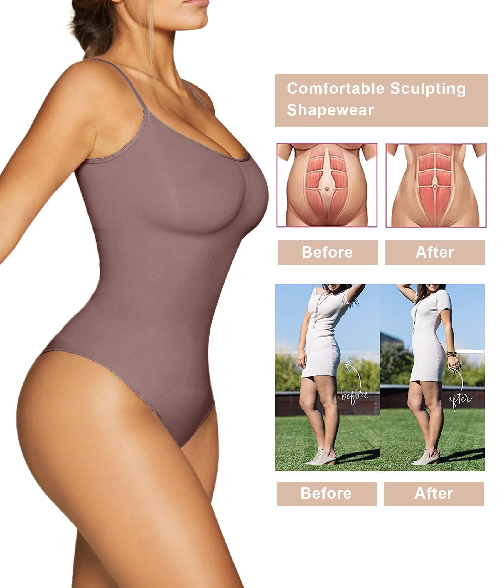 SHAPERX Women's Shapewear Bodysuit Tummy Control Body Shaper Seamless Sculpting Snatched Waist Body Suit,SZ5215-Umber-L/XL
