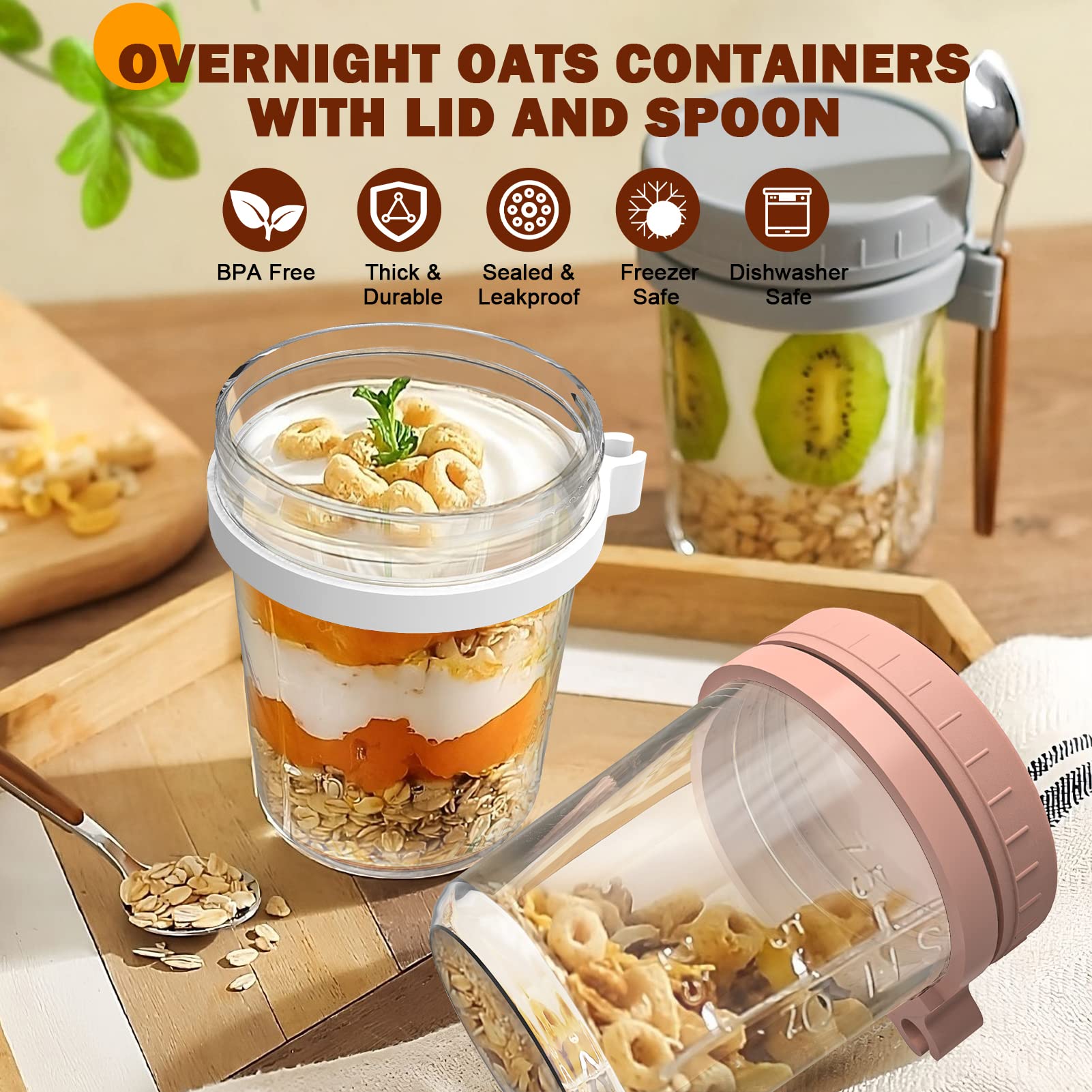 FISHOAKY 4 Pack Overnight Oats Containers with Lids and Spoons, 12 oz Glass Mason Jars for Overnight Oats with Measurement,Overnight Oats Jars Airtight Jars for Milk, Cereal, Fruit, Yogurt and More