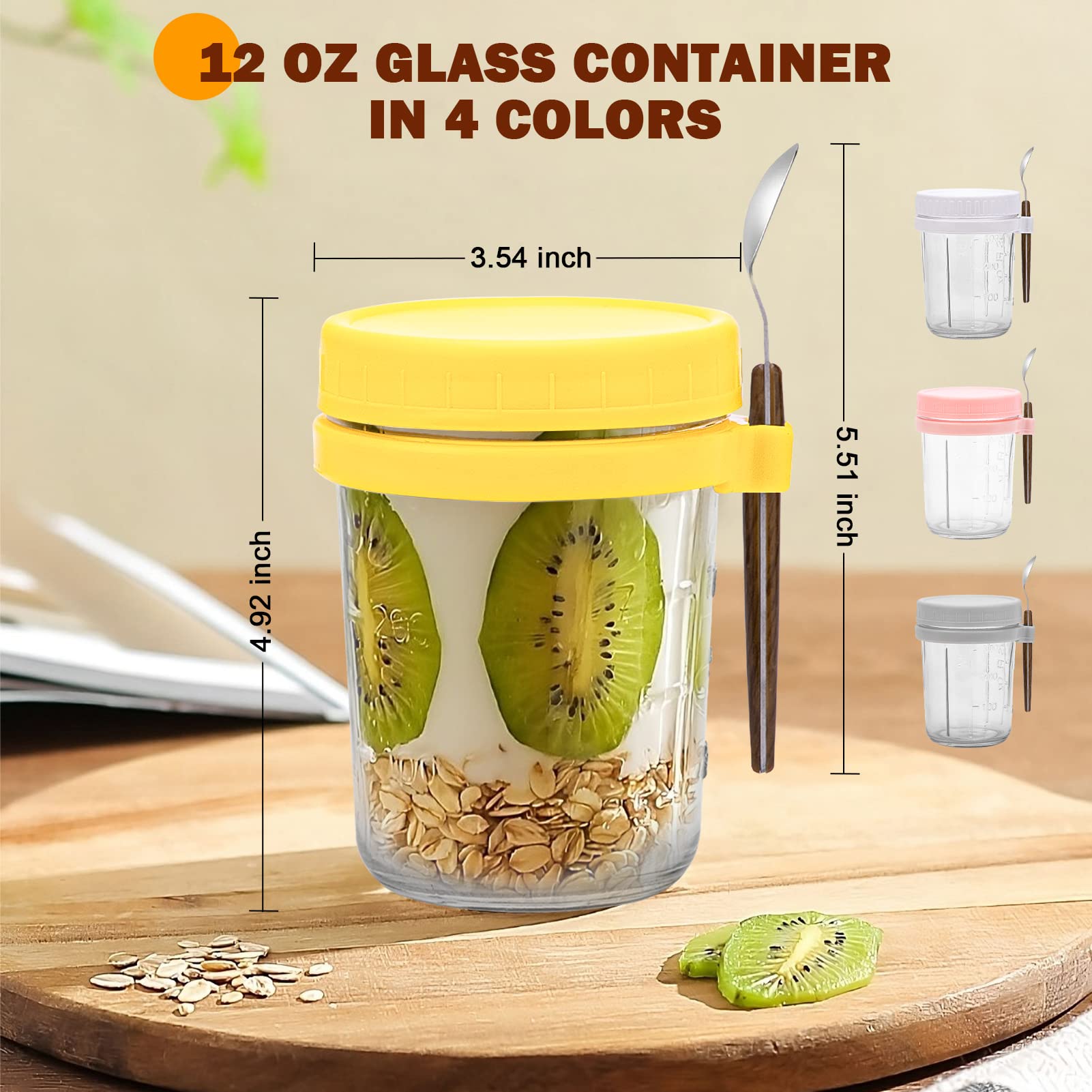 FISHOAKY 4 Pack Overnight Oats Containers with Lids and Spoons, 12 oz Glass Mason Jars for Overnight Oats with Measurement,Overnight Oats Jars Airtight Jars for Milk, Cereal, Fruit, Yogurt and More