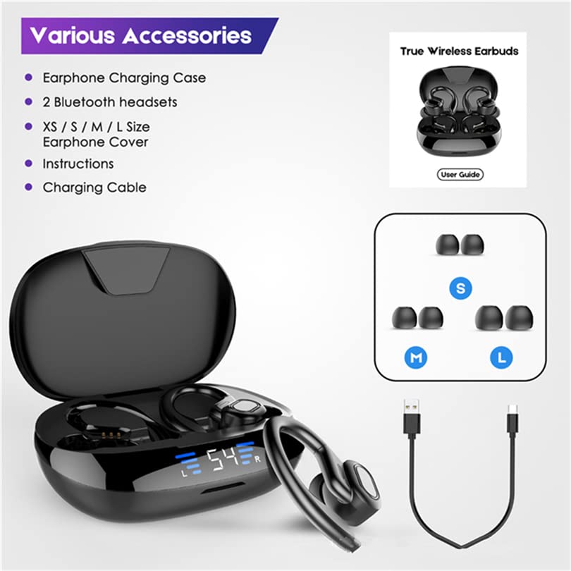 Lunjee TWS Bluetooth Earphones with Microphones Sport Ear Hook LED Display Wireless Headphones HiFi Stereo Earbuds Waterproof Headsets