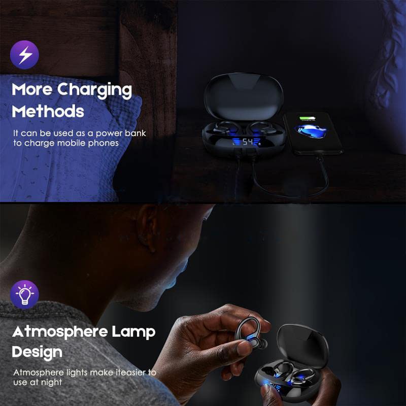 Lunjee TWS Bluetooth Earphones with Microphones Sport Ear Hook LED Display Wireless Headphones HiFi Stereo Earbuds Waterproof Headsets