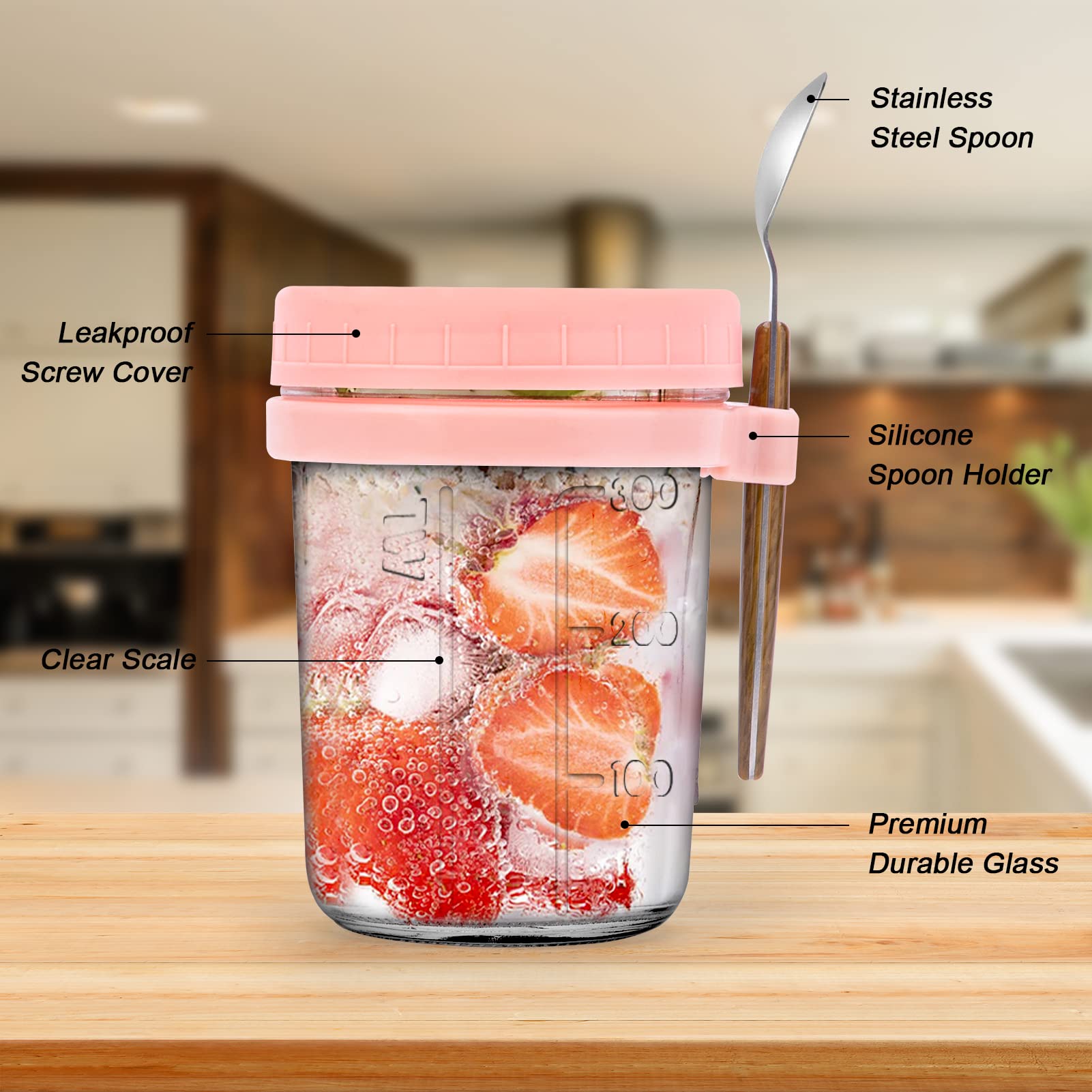 FISHOAKY 4 Pack Overnight Oats Containers with Lids and Spoons, 12 oz Glass Mason Jars for Overnight Oats with Measurement,Overnight Oats Jars Airtight Jars for Milk, Cereal, Fruit, Yogurt and More