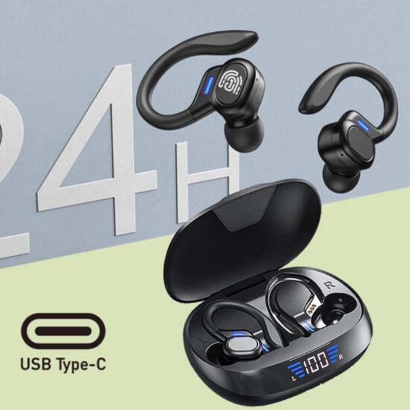 Lunjee TWS Bluetooth Earphones with Microphones Sport Ear Hook LED Display Wireless Headphones HiFi Stereo Earbuds Waterproof Headsets