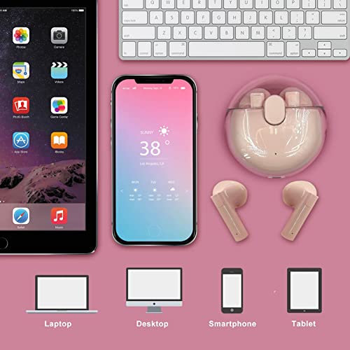 Mini Wireless Earbuds Bluetooth 5.1 Headset, IPX7 Waterproof, Touch Control in Ear Light-Weight Headphones Built-in Microphone, ANC Earphones Compatible with iPhone & Android (Pink)