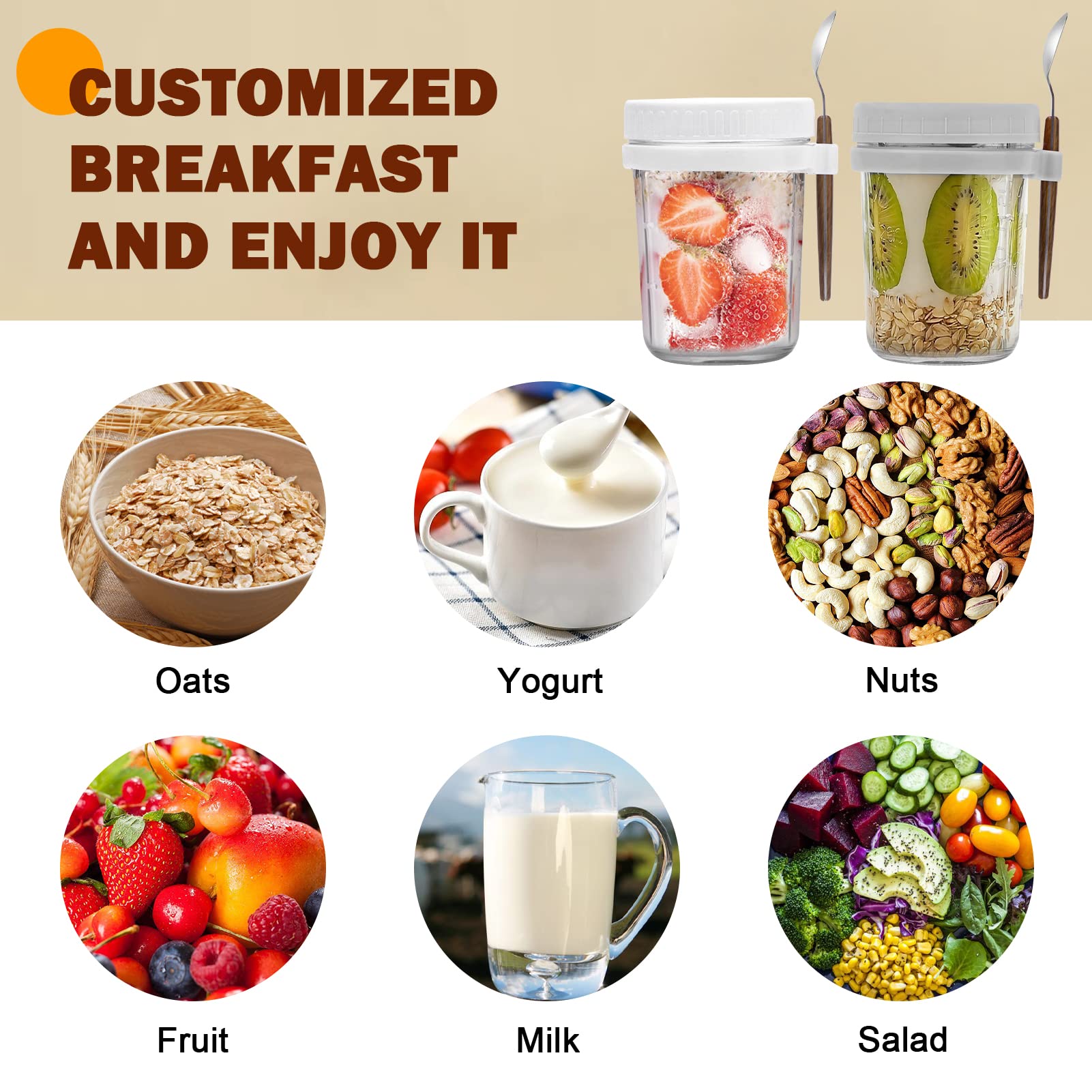 FISHOAKY 4 Pack Overnight Oats Containers with Lids and Spoons, 12 oz Glass Mason Jars for Overnight Oats with Measurement,Overnight Oats Jars Airtight Jars for Milk, Cereal, Fruit, Yogurt and More