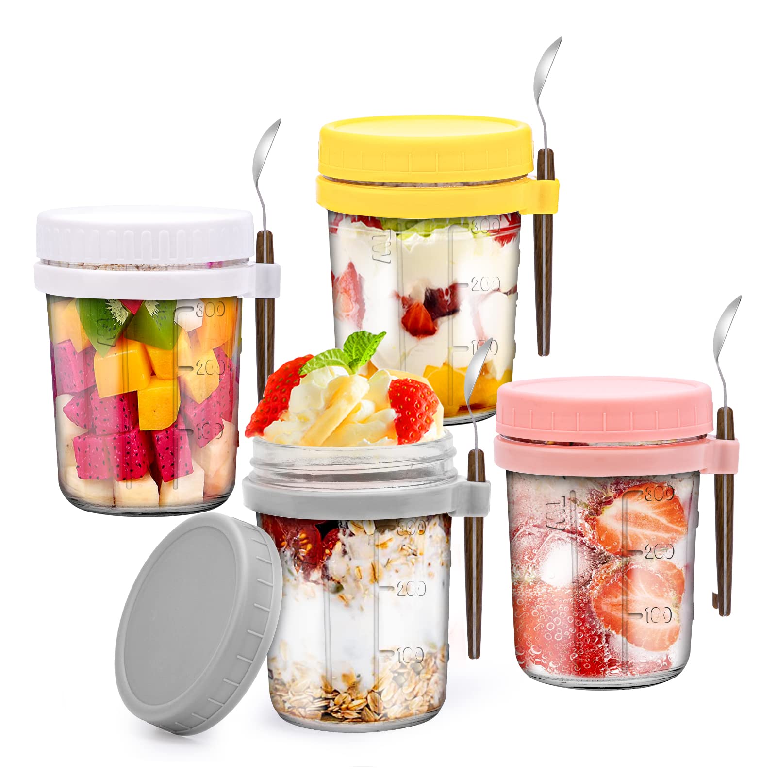 FISHOAKY 4 Pack Overnight Oats Containers with Lids and Spoons, 12 oz Glass Mason Jars for Overnight Oats with Measurement,Overnight Oats Jars Airtight Jars for Milk, Cereal, Fruit, Yogurt and More
