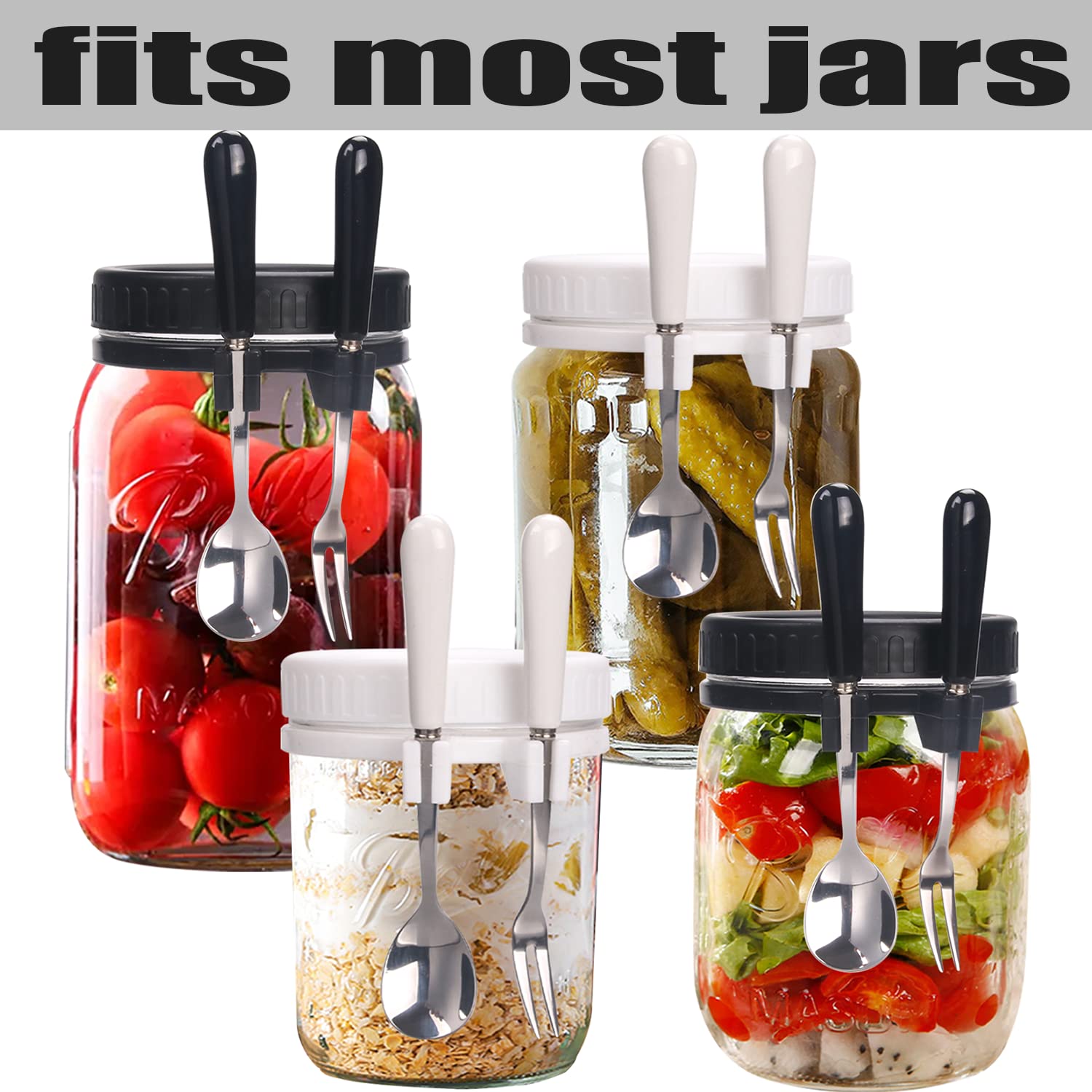 Overnight Oatmeal Lid,Overnight Oats Containers 4 piece set,Pickle Fork ,spoon,Suitable for mason jars and overnight oats jars(black White,Jars not Included)
