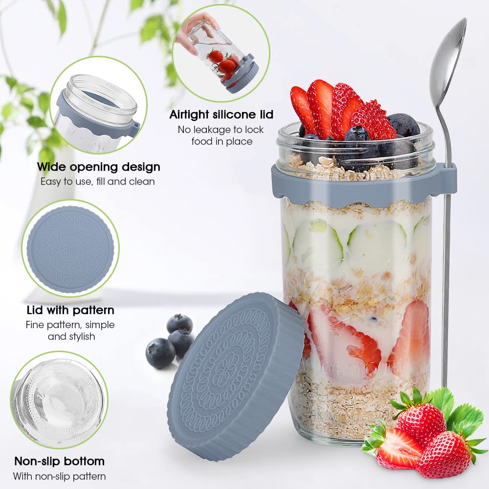 Overnight Oats Jars, Overnight Oats Containers with Silicone Lid and Spoon 16 oz,for Oats Yogurt,Milk,Fruit,breakfast,Leak-Proof Reusable Portable with Measurement Marks (W+G)