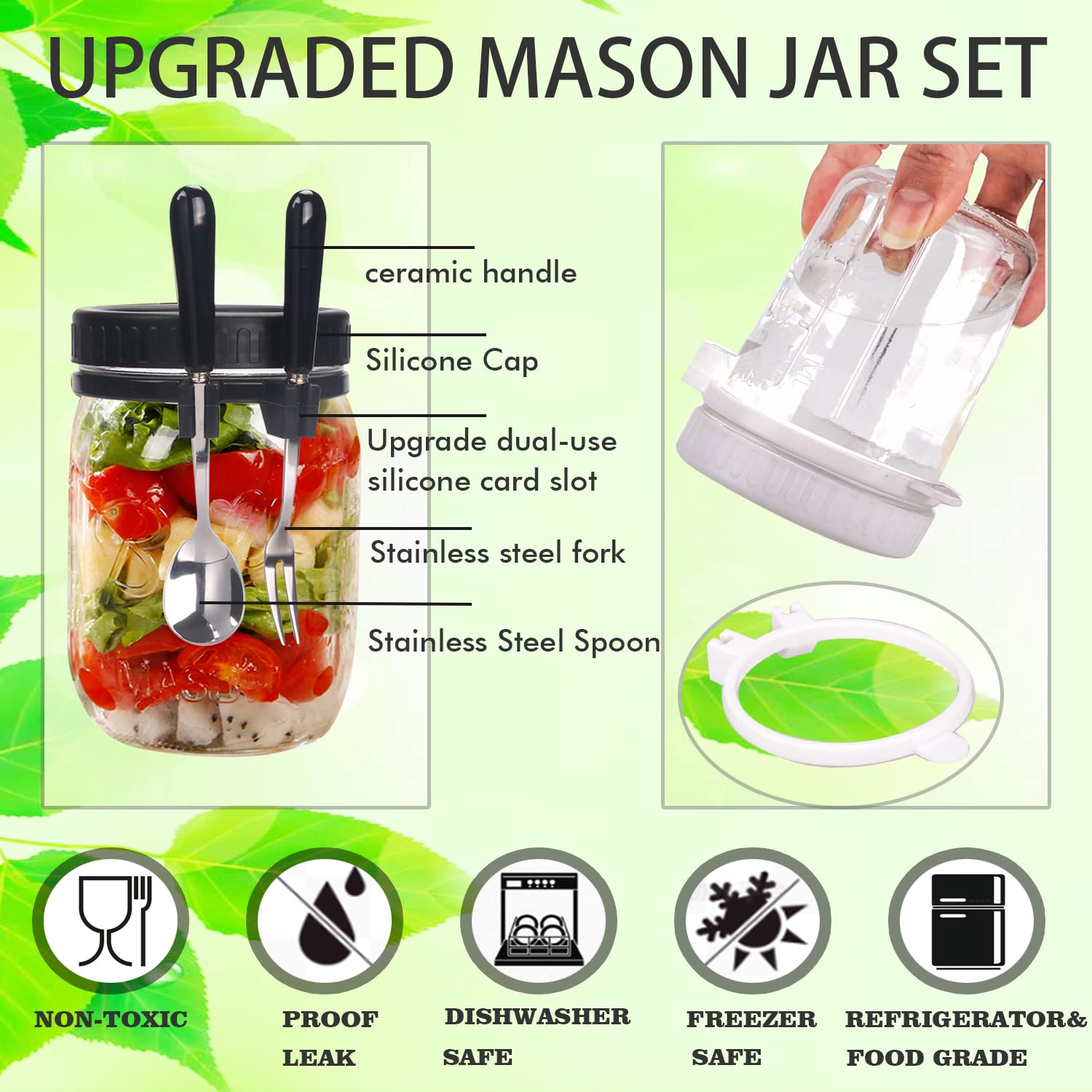 Overnight Oatmeal Lid,Overnight Oats Containers 4 piece set,Pickle Fork ,spoon,Suitable for mason jars and overnight oats jars(black White,Jars not Included)