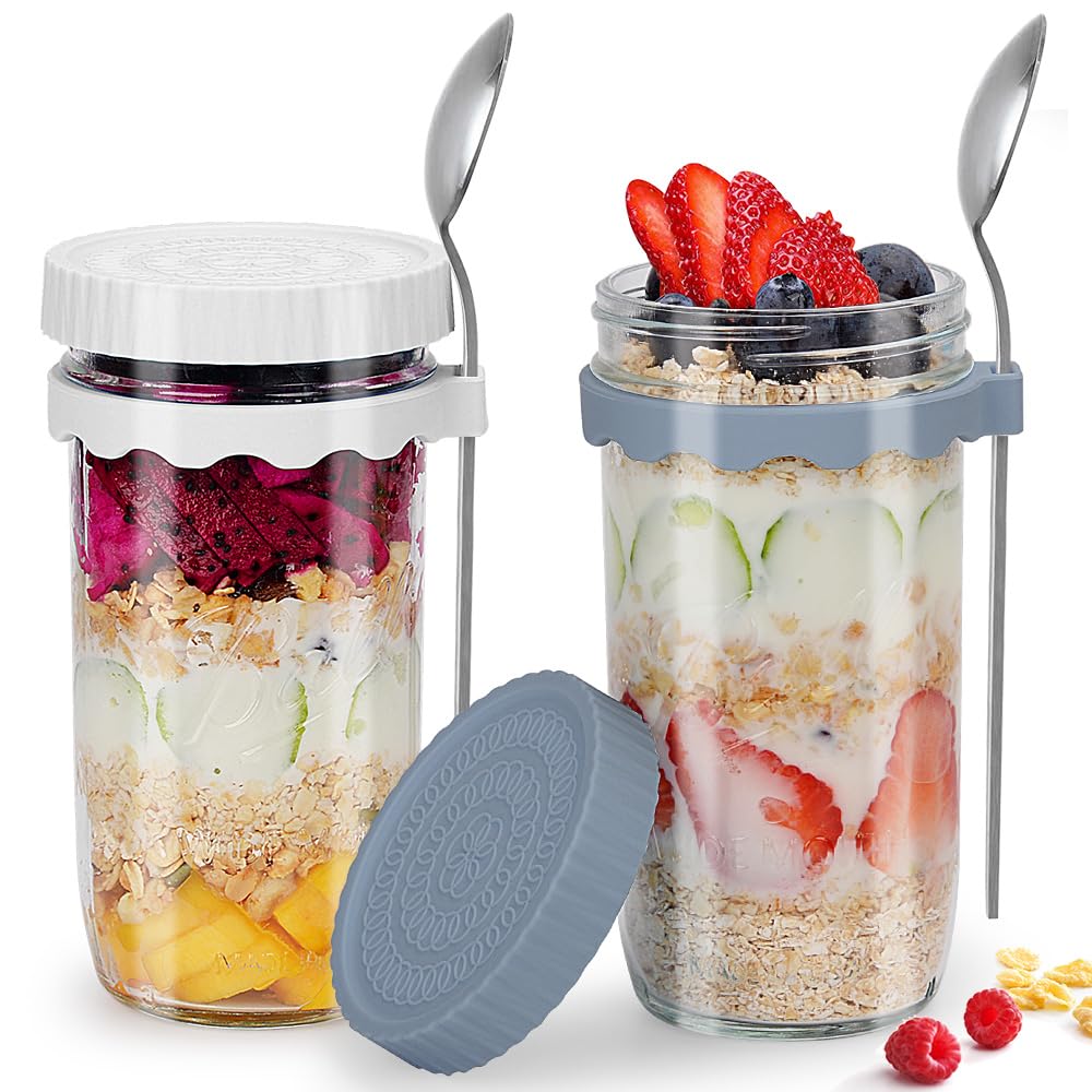 Overnight Oats Jars, Overnight Oats Containers with Silicone Lid and Spoon 16 oz,for Oats Yogurt,Milk,Fruit,breakfast,Leak-Proof Reusable Portable with Measurement Marks (W+G)