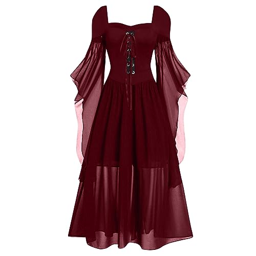 JDHUFEI Womens Renaissance Cosplay Costume Lace Butterfly Sleeve Halloween Costume Square Neck Gothic High Waist Gown Dress