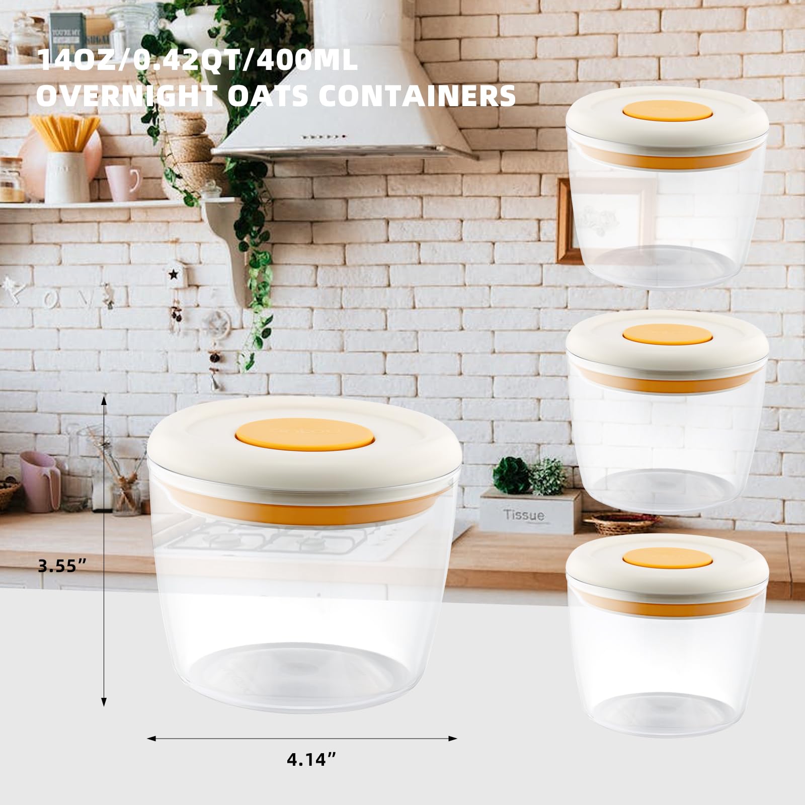 Tourdeus Tritan Oatmeal Jars, 4-Pack Shatterproof & Leakproof Overnight Oats Containers with Lids, 14oz Pop-Top Airtight Meal Prep Jars for Chia Pudding, Yogurt, Salad, Cereal, Orange