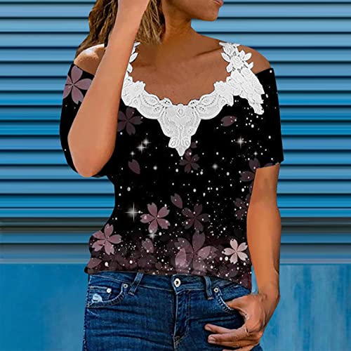 KSODFNXH Sleeveless Blouses for Women Summer Lace Patchwork Off-The-Shoulder Shirts Comfy Fashion V-Neck Short Sleeve