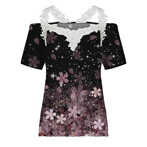 KSODFNXH Sleeveless Blouses for Women Summer Lace Patchwork Off-The-Shoulder Shirts Comfy Fashion V-Neck Short Sleeve