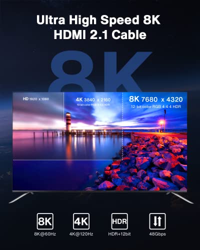 IVANKY 8K HDMI 2.1 Cable 10FT/3M, Certified High Speed HDMI 2.1 Cable, 4K@120Hz 8K@60Hz 48Gbps 144Hz, 7680P, DTS:X, eARC, HDR, for Roku TV/PS4 5/Xbox Series X