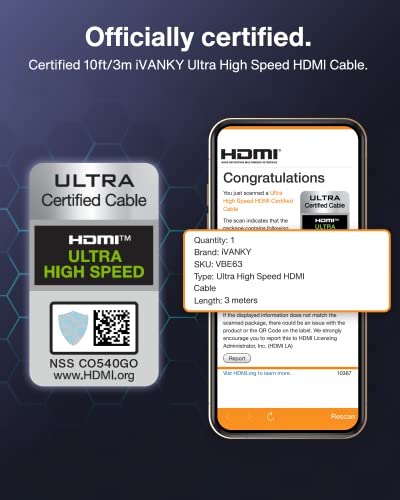 IVANKY 8K HDMI 2.1 Cable 10FT/3M, Certified High Speed HDMI 2.1 Cable, 4K@120Hz 8K@60Hz 48Gbps 144Hz, 7680P, DTS:X, eARC, HDR, for Roku TV/PS4 5/Xbox Series X