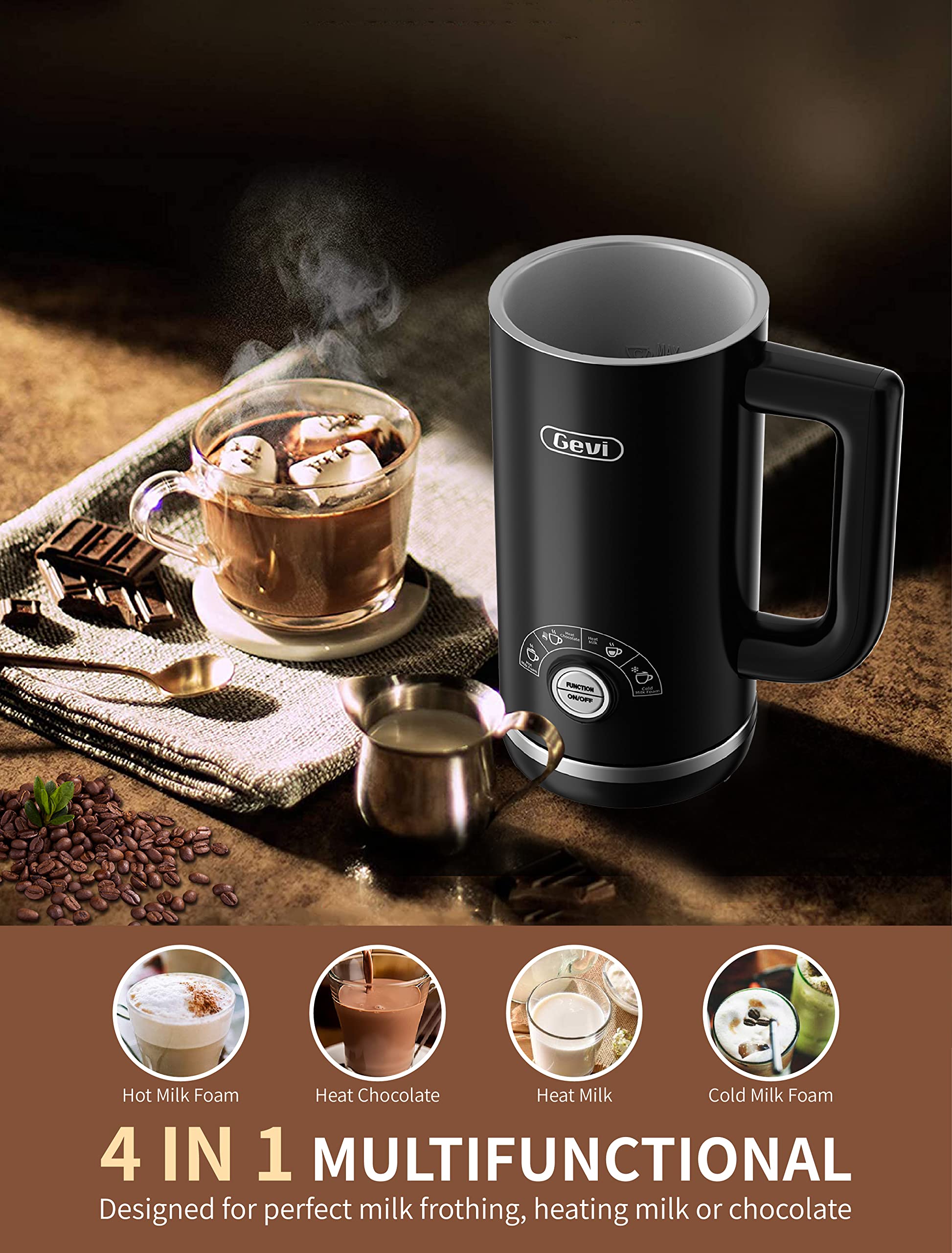 Gevi 4-in-1 Automatic Electric Milk Frother, Steamer & Warmer, 150ml, Black, Stainless Steel