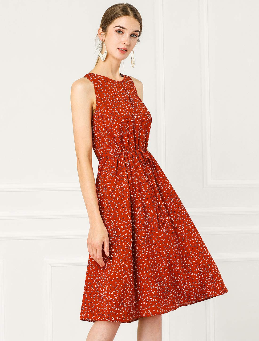 Allegra K Women's Sleeveless Split Neck Drawstring Waist Casual Floral Midi Dress X-Large Red