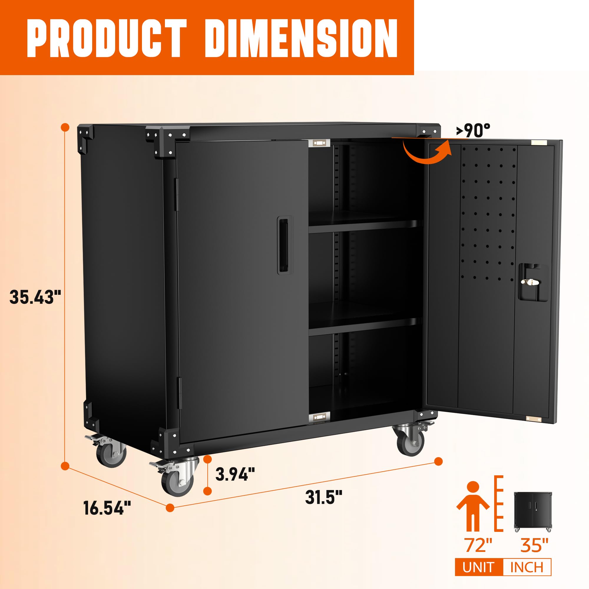 SUPEER Metal Storage Cabinet with Wheels,Rolling Storage Cabinet with 2 Doors and Adjustable Shelves,Suitable for Garage,Home,Office,Gym,School-Assembly Required,Black