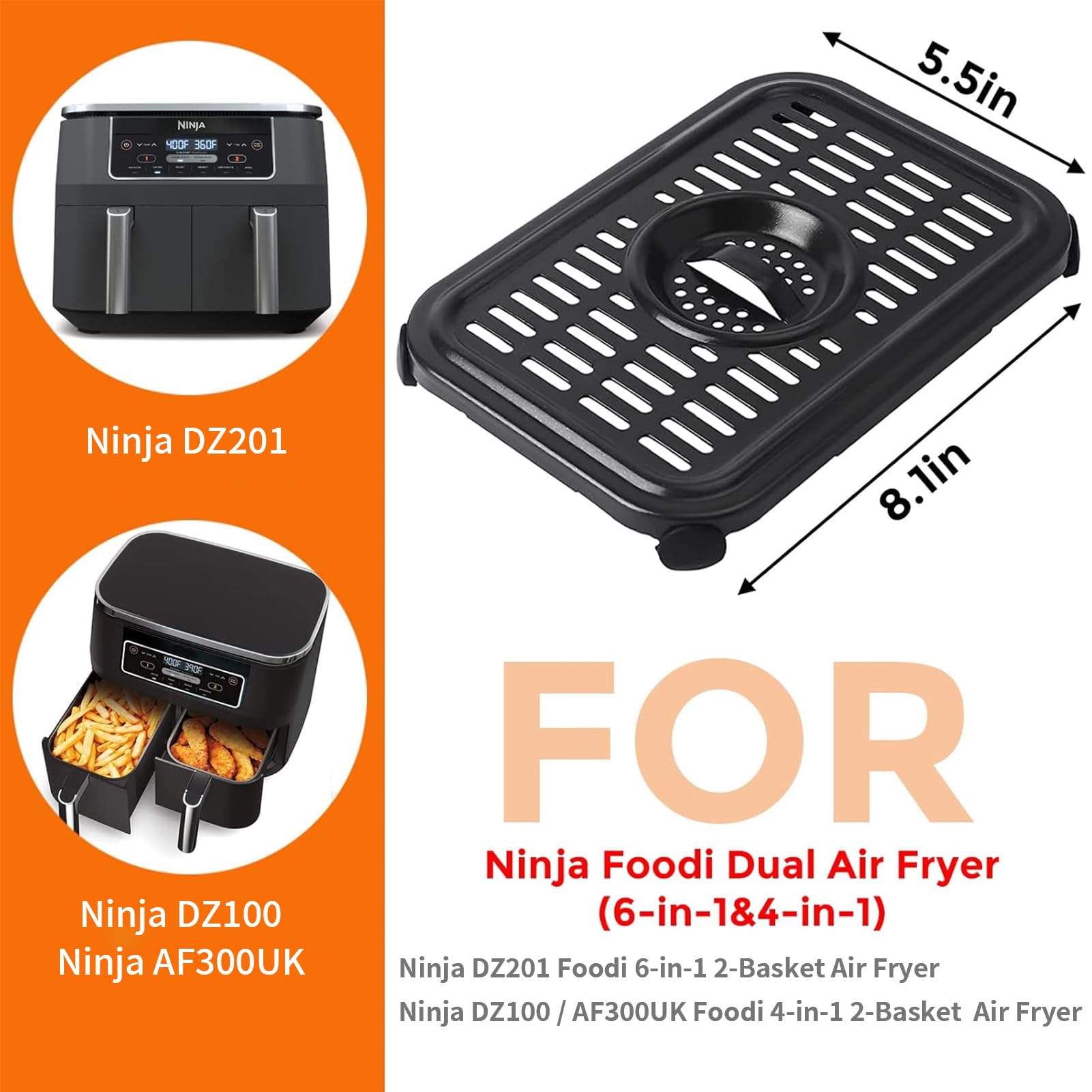 Air Fryer Grill Pan for Ninja Foodi DZ090/DZ201/DZ100(US)AF300(UK)6-in-1 7.6L Dual Zone Air Fryer, 2-Pack Replacement Crisper & Grill Plates with Rubber Bumpers, Dishwasher Safe