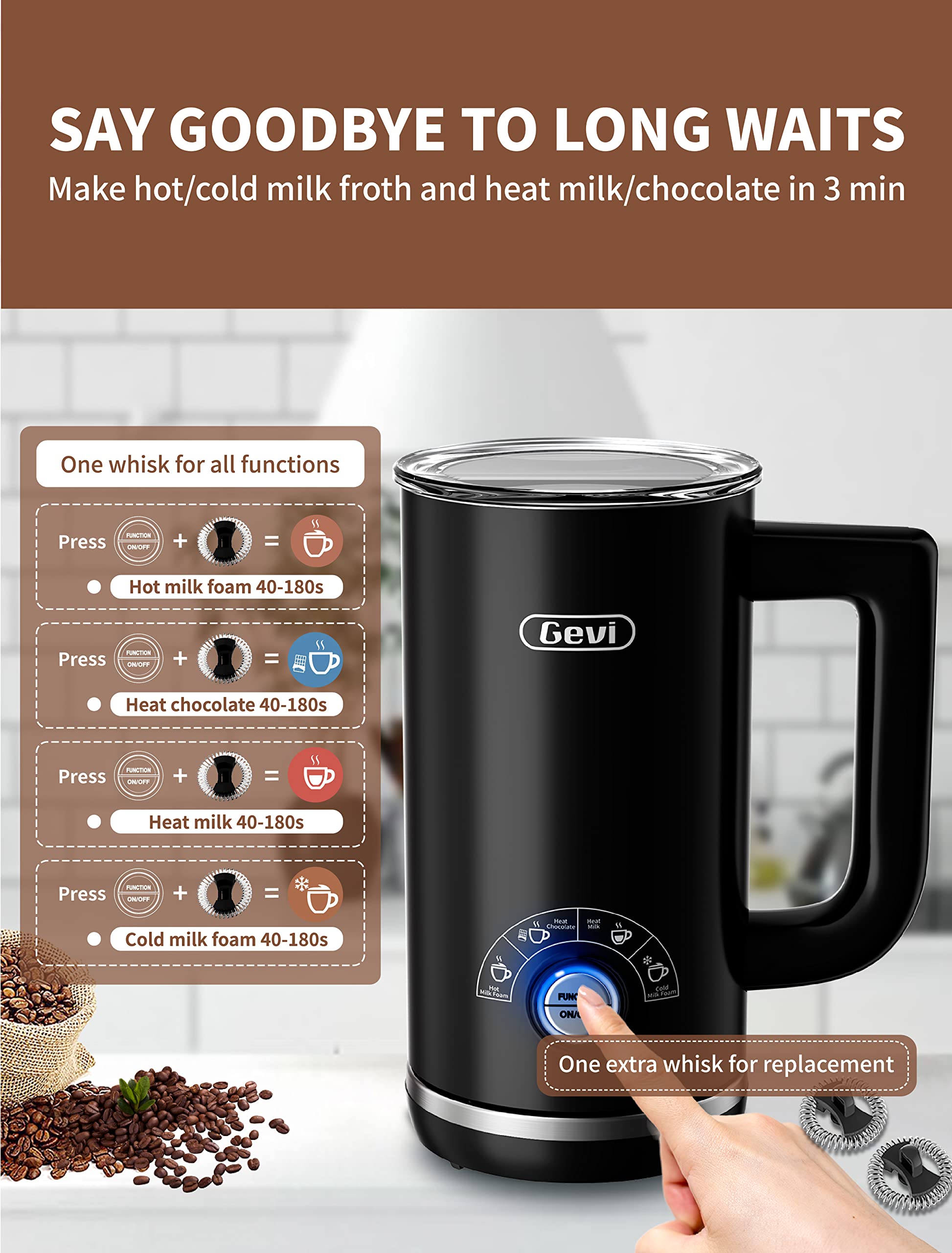 Gevi 4-in-1 Automatic Electric Milk Frother, Steamer & Warmer, 150ml, Black, Stainless Steel