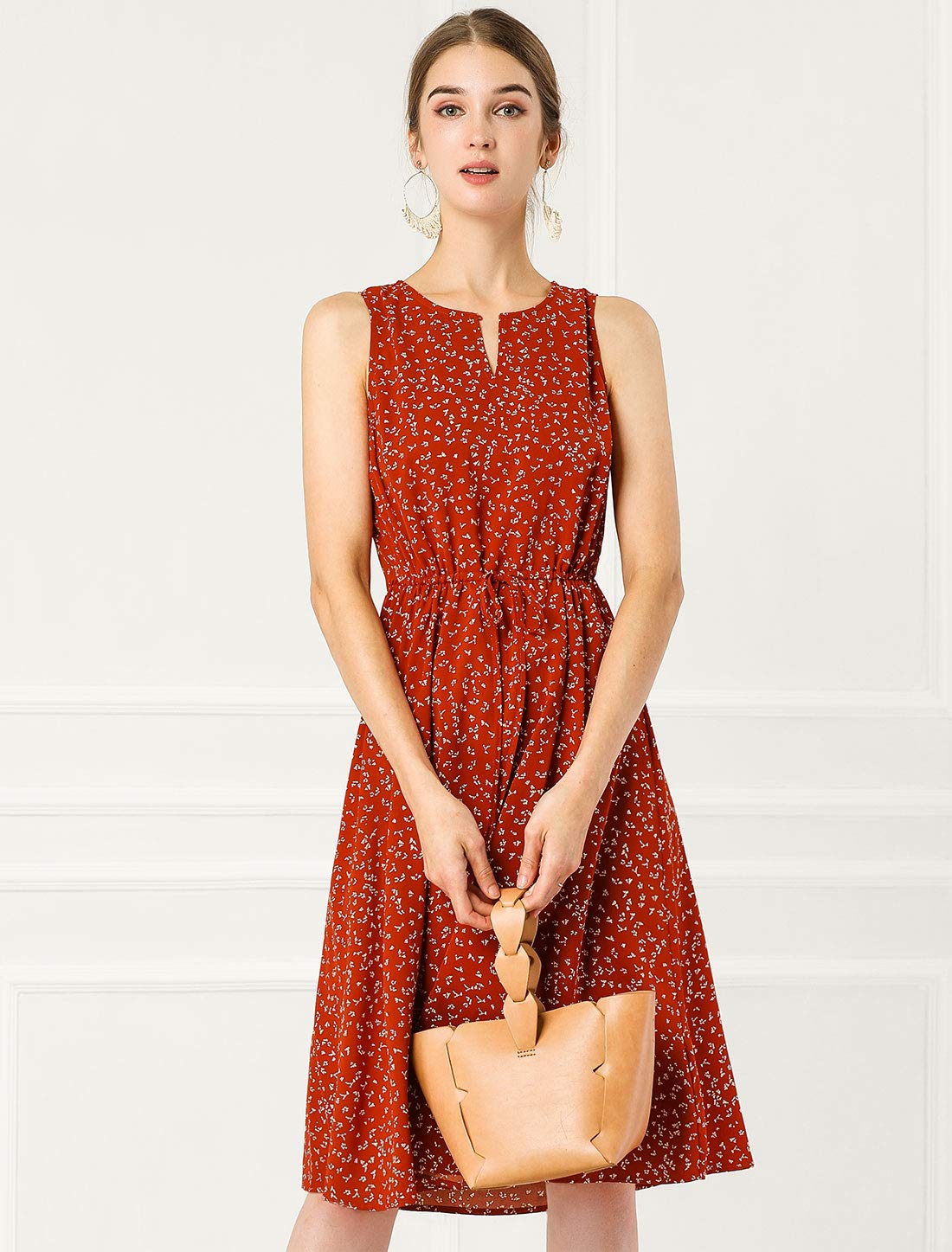 Allegra K Women's Sleeveless Split Neck Drawstring Waist Casual Floral Midi Dress X-Large Red