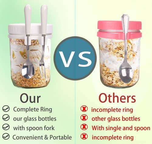 Overnight Oatmeal jars,4 piece set Overnight Oats Containers,with Lids and Pickle Fork ,spoon。16 oz Glass Mason Overnight Oats Jars ,Suitable for Cereal,oats, milk, cereal,fruit