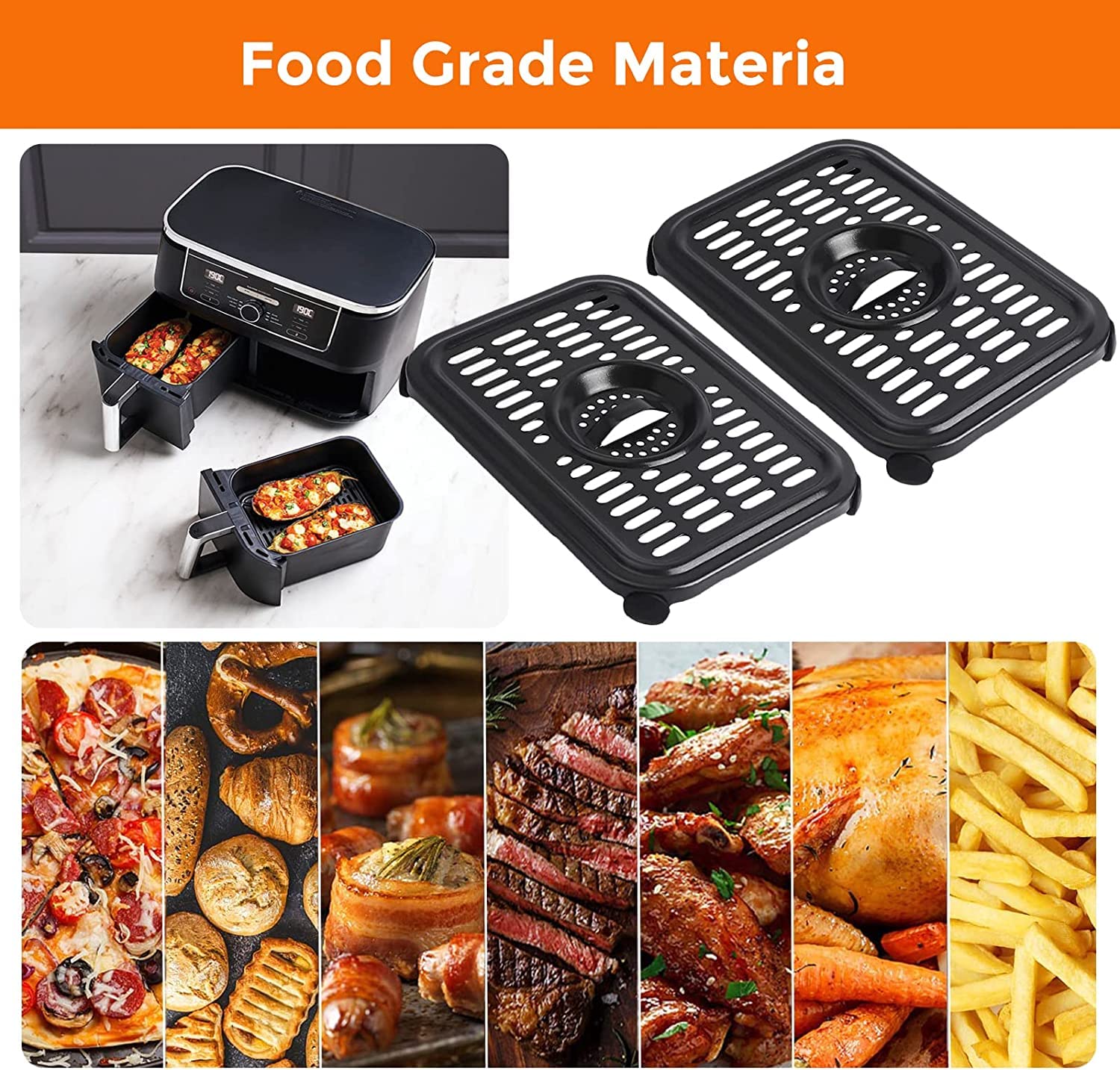 Air Fryer Grill Pan for Ninja Foodi DZ090/DZ201/DZ100(US)AF300(UK)6-in-1 7.6L Dual Zone Air Fryer, 2-Pack Replacement Crisper & Grill Plates with Rubber Bumpers, Dishwasher Safe