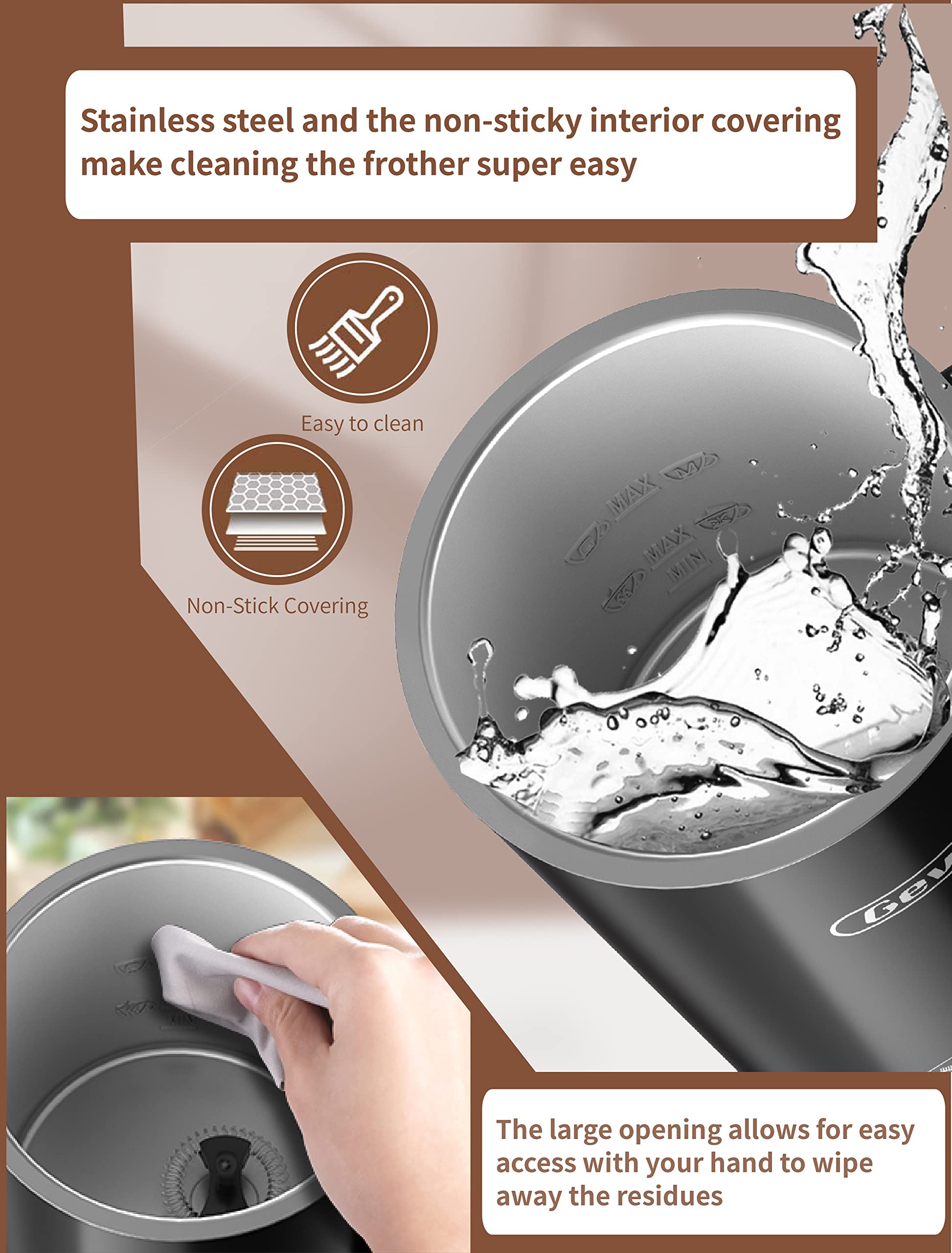 Gevi 4-in-1 Automatic Electric Milk Frother, Steamer & Warmer, 150ml, Black, Stainless Steel