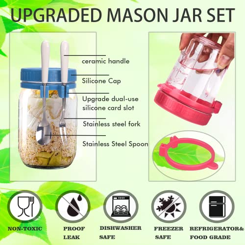 Overnight Oatmeal jars,4 piece set Overnight Oats Containers,with Lids and Pickle Fork ,spoon。16 oz Glass Mason Overnight Oats Jars ,Suitable for Cereal,oats, milk, cereal,fruit