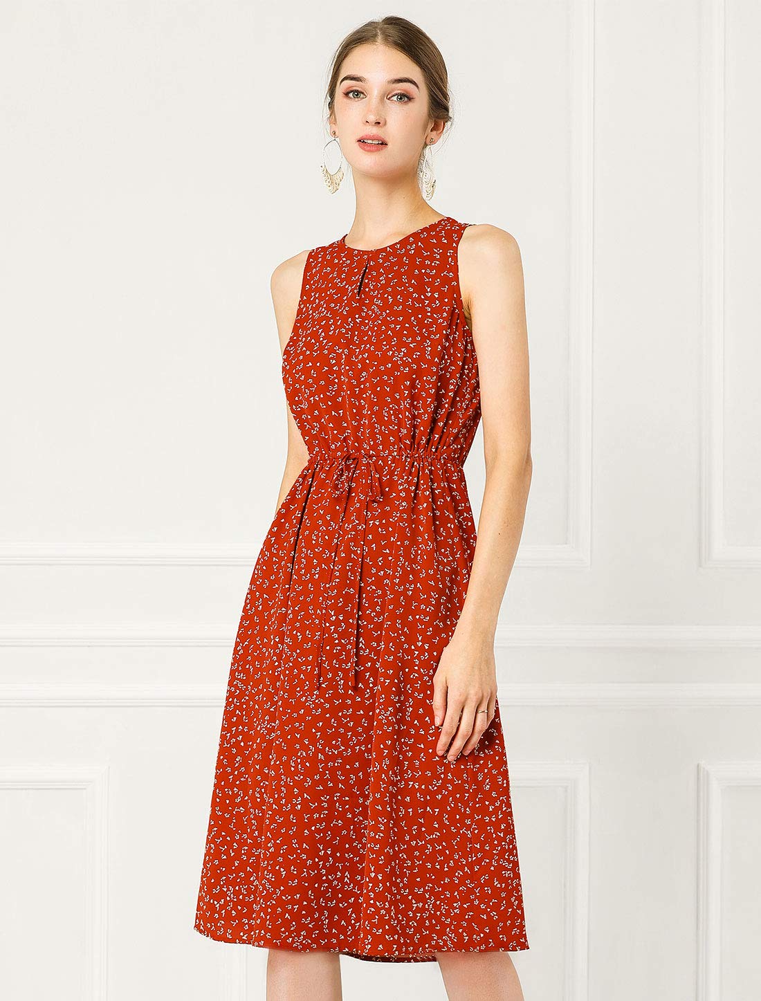 Allegra K Women's Sleeveless Split Neck Drawstring Waist Casual Floral Midi Dress X-Large Red