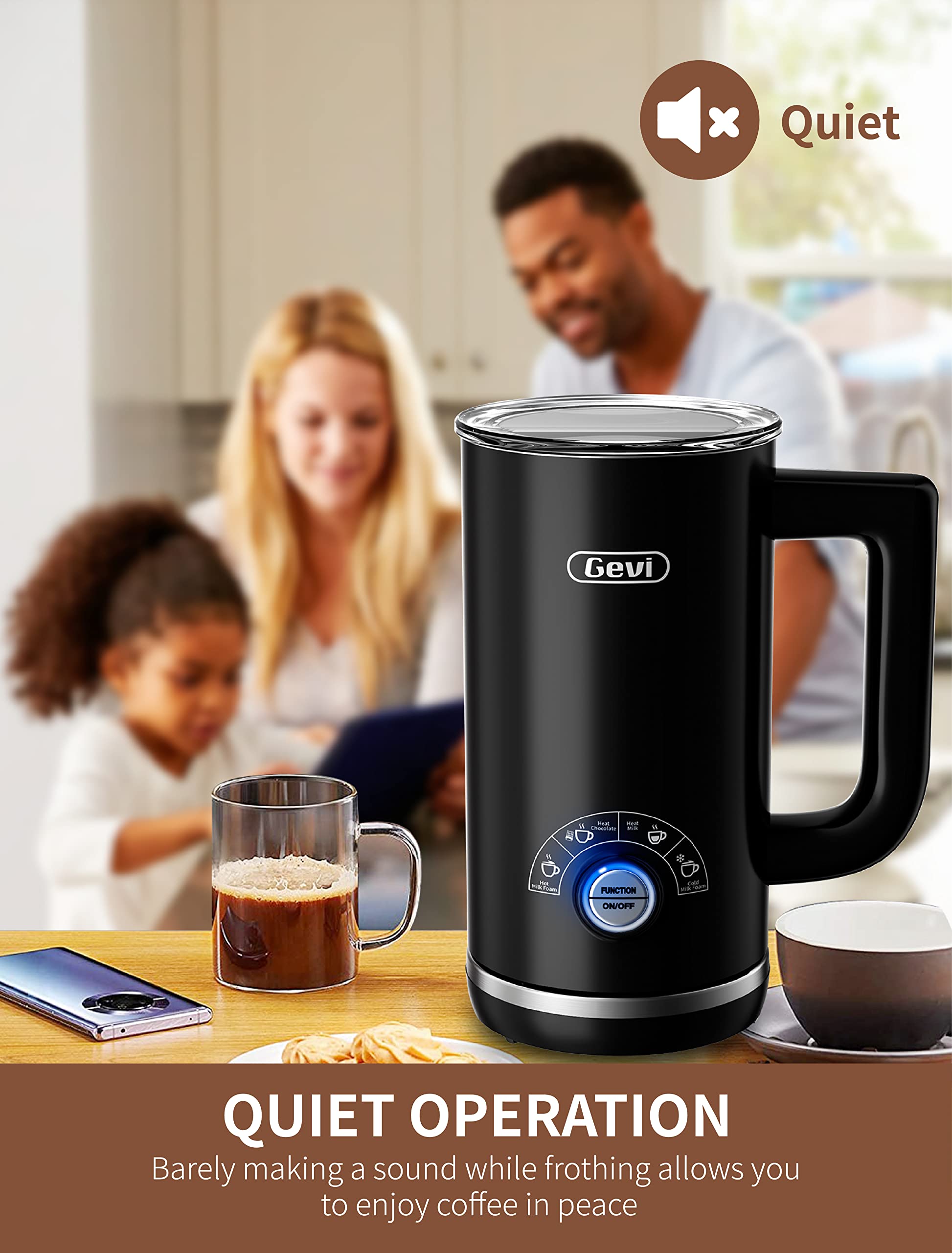 Gevi 4-in-1 Automatic Electric Milk Frother, Steamer & Warmer, 150ml, Black, Stainless Steel